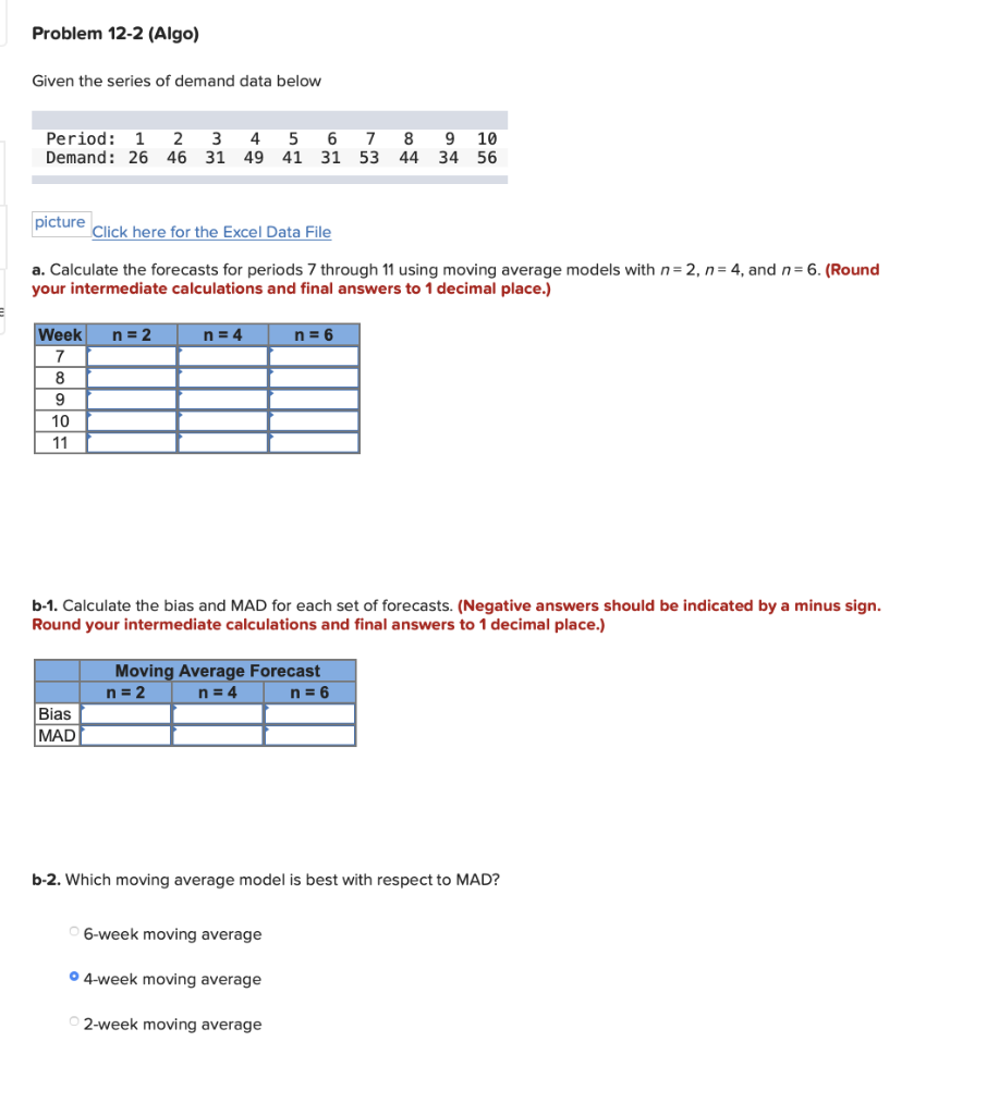 Solved Problem 12-2 (Algo) Given the series of demand data | Chegg.com