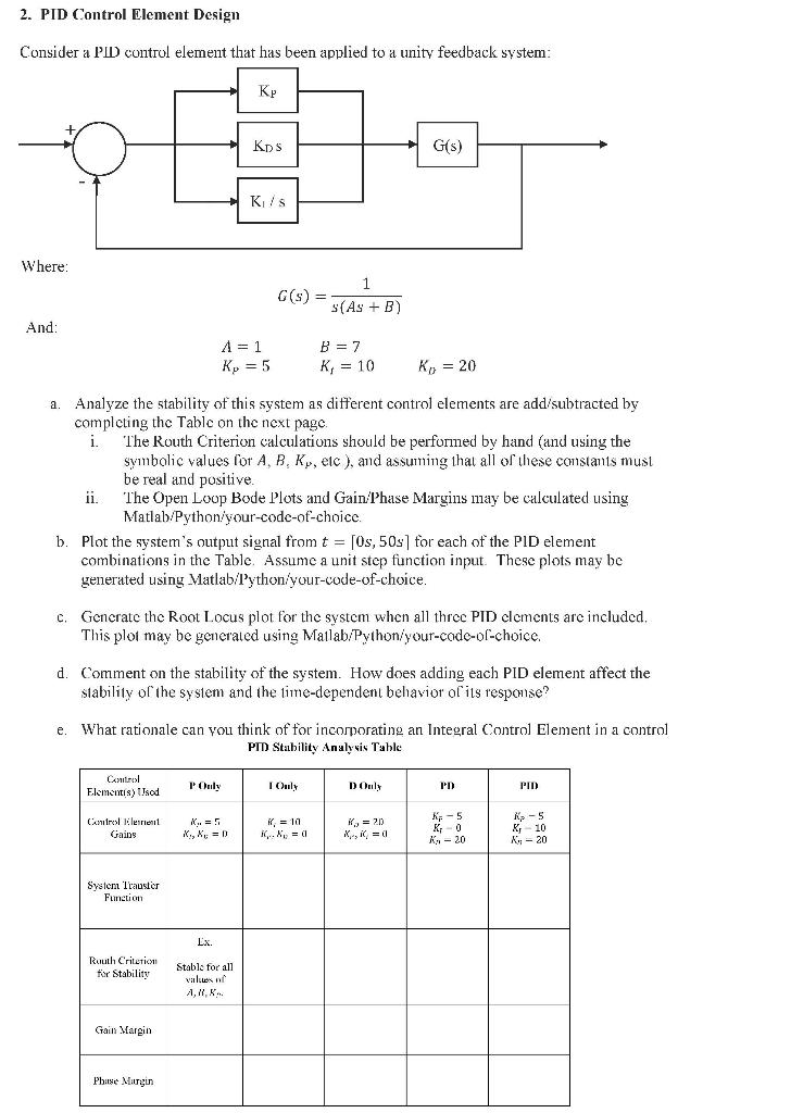 Solved 2. PID Control Element Design Consider a PID control | Chegg.com