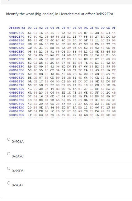 Identify the word (big-endian) in Hexadecimal at | Chegg.com