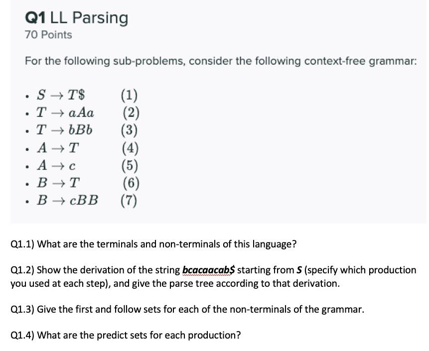 Solved Q1 LL Parsing 70 Points For the following | Chegg.com