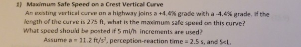 Solved 1) Maximum Safe Speed on a Crest Vertical Curve An | Chegg.com