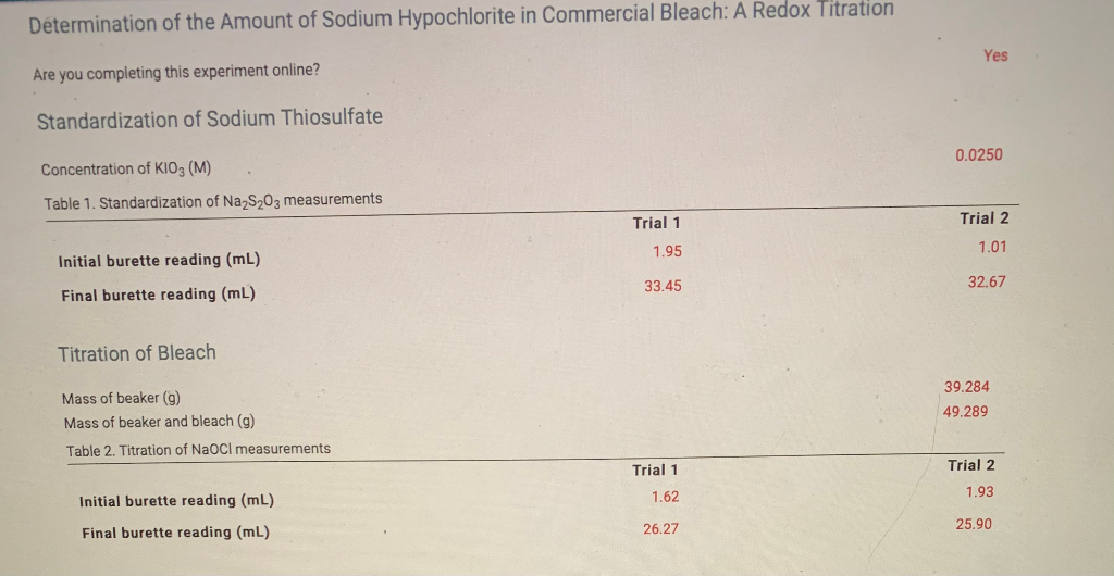 Amount of NaCl in Bleach Sample 39.284 g Mass of | Chegg.com Amount of NaCl in Bleach Sample 39.284 g Mass of | Chegg.com