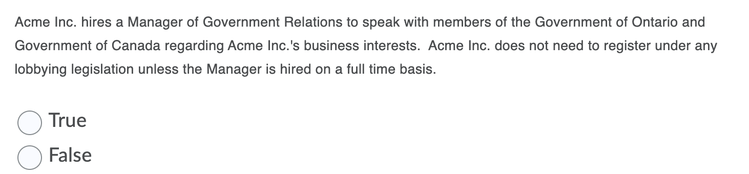 Solved Acme Inc. hires a Manager of Government Relations to | Chegg.com