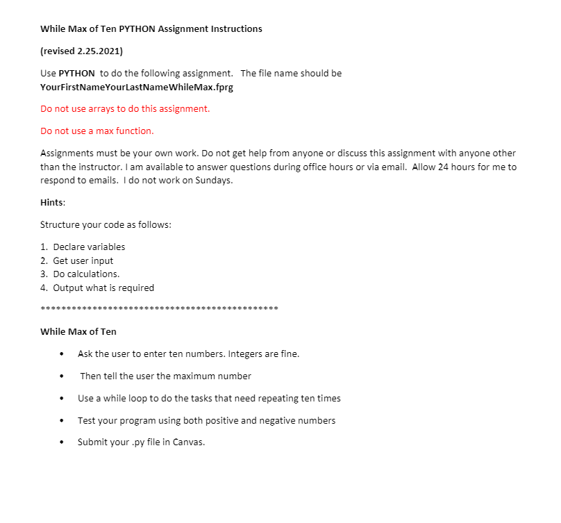 Solved While Max of Ten PYTHON Assignment Instructions | Chegg.com