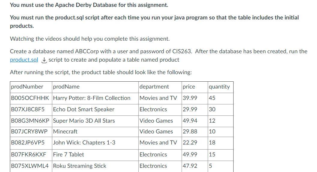 Solved You must use the Apache Derby Database for this | Chegg.com