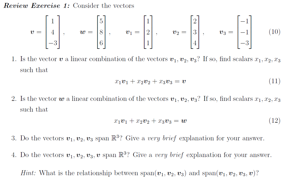 Solved Review Exercise 1: Consider the vectors 1 5 1 2 V= 4 | Chegg.com