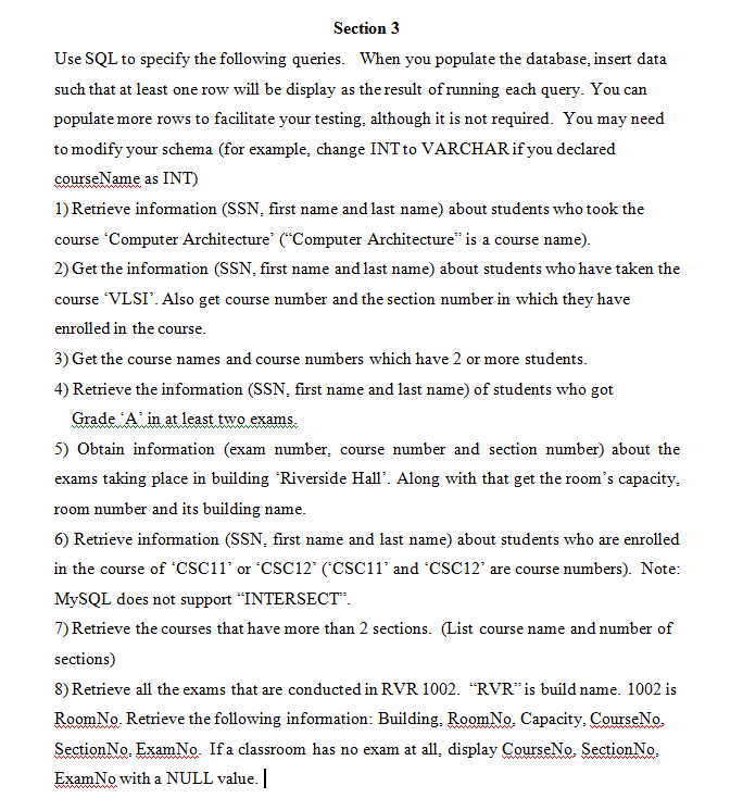 Section 1 Using SQL, create tables according to the | Chegg.com
