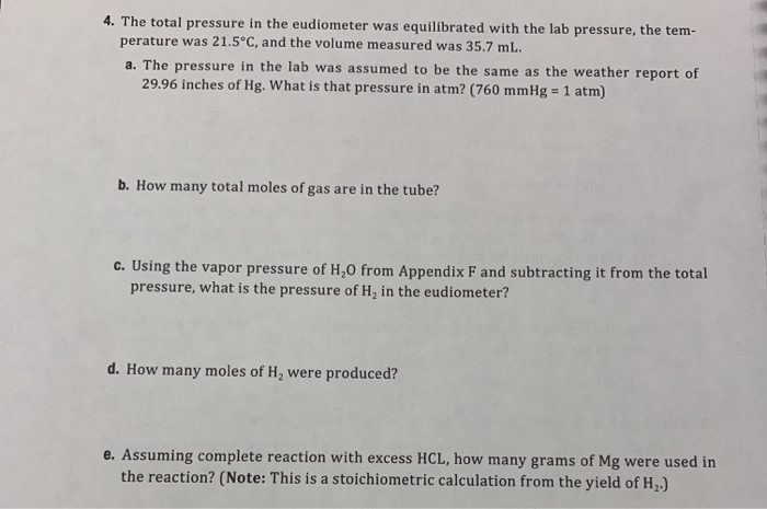 Solved 4. The tot al pressure in the eudiometer was | Chegg.com