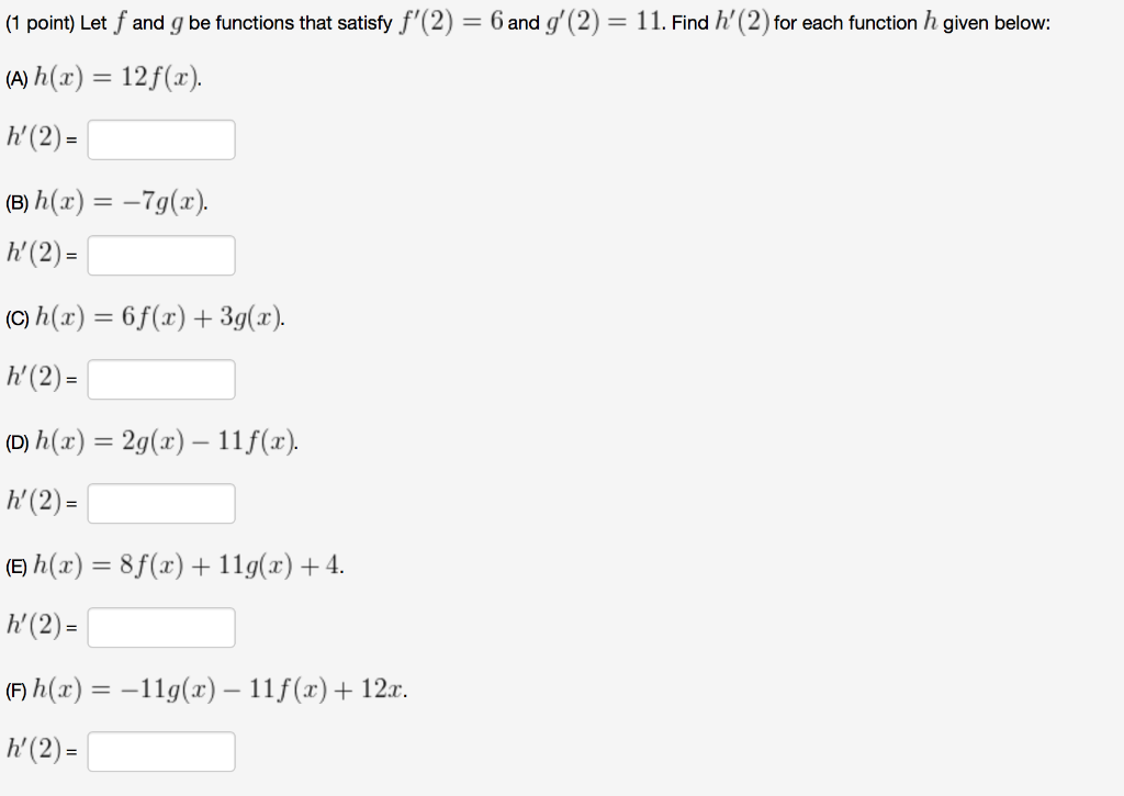 Solved (1 point) Let f and g be functions that satisfy f'(2) | Chegg.com