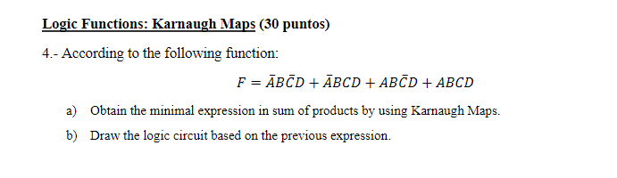 Solved Logic Functions: Karnaugh Maps ( 30 puntos) 4.- | Chegg.com