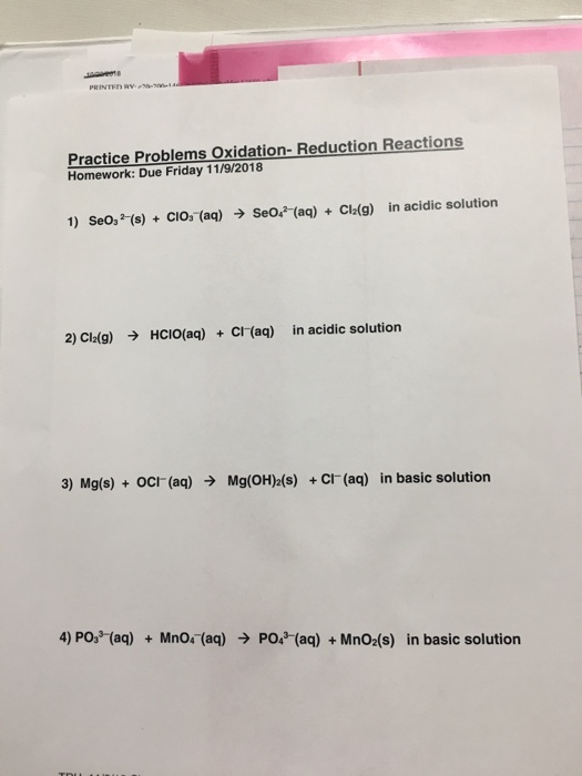 Solved PRINTEDRY Practice Problems Oxidation- Reduction | Chegg.com
