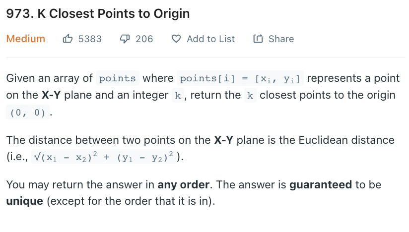 Solved 973. K Closest Points to Origin Medium 5383 206 Add | Chegg.com