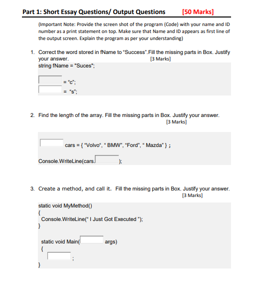 Solved Part 1: Short Essay Questions/ Output Questions [50 | Chegg.com