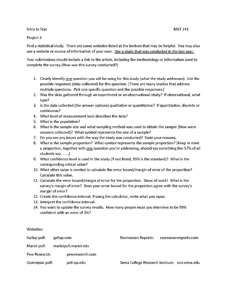 Intro to Stat MAT 241 Project 3 Find a statistical | Chegg.com