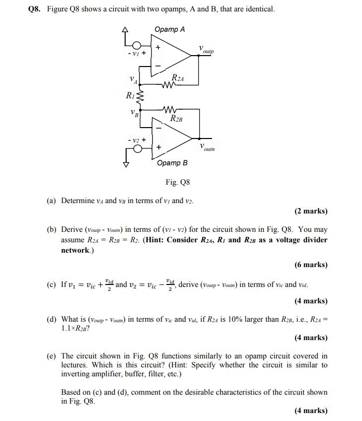 Solved Q8. Figure Q8 shows a circuit with two opamps, A and | Chegg.com