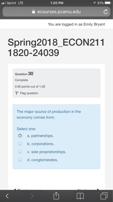 Solved Sprint LTE 1:20 PM 91% ecourses.pvamu.edu You are | Chegg.com