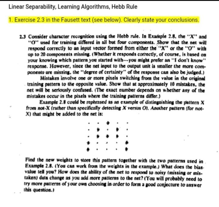 Solved Linear Separability, Learning Algorithms, Hebb Rule | Chegg.com