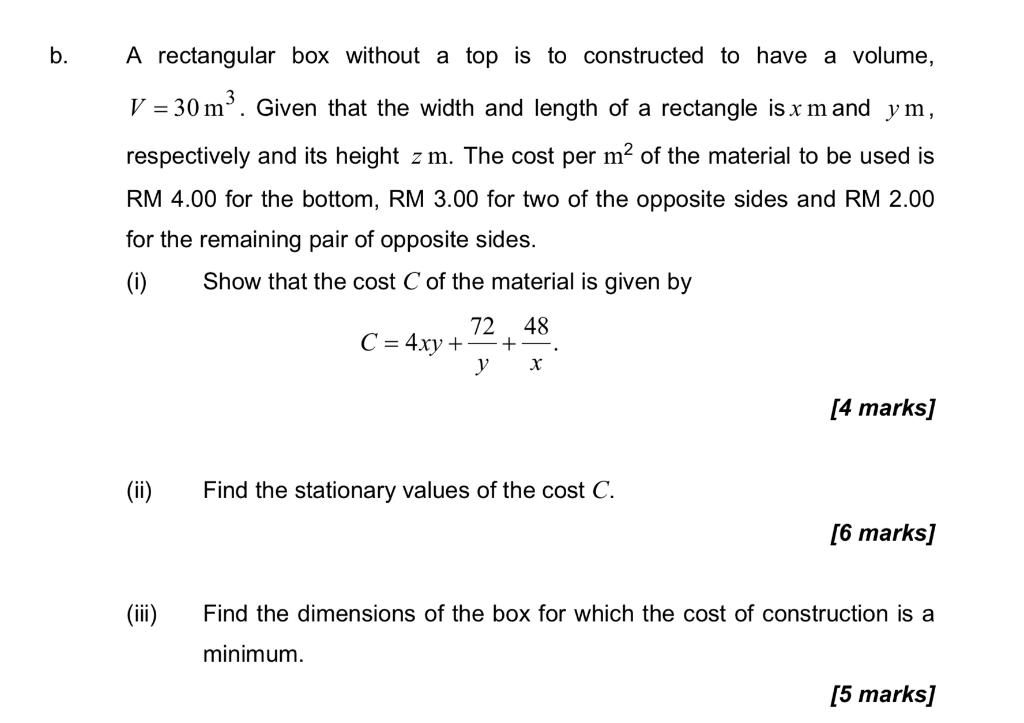 Solved b. = A rectangular box without a top is to | Chegg.com