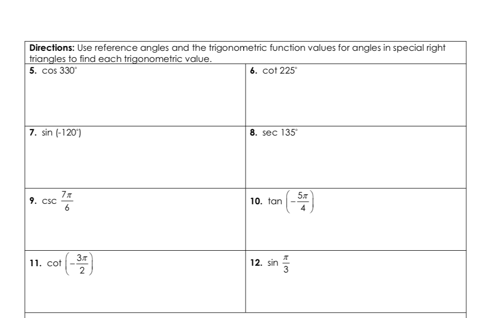 Solved Directions: Use reference angles and the | Chegg.com Solved Directions: Use reference angles and the | Chegg.com