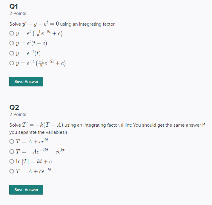 Solved Solve y′−y−et=0 using an integrating factor. | Chegg.com