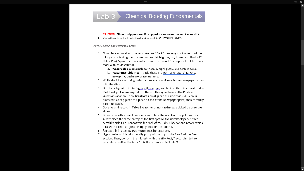 Lab 3 Chemical Bonding Fundamentals CAUTION: Slime is | Chegg.com