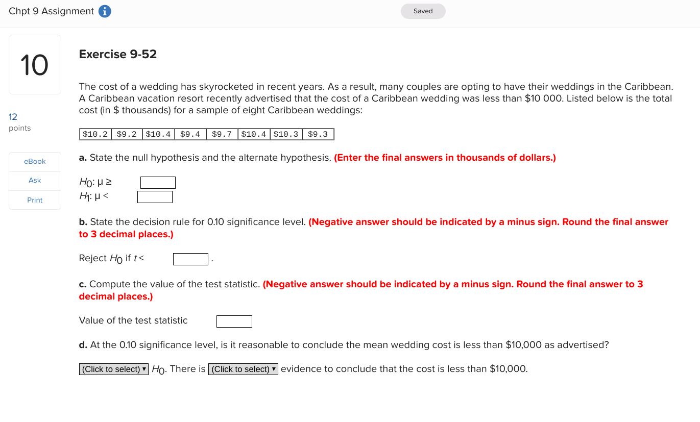 Solved Chpt 9 Assignment i Saved Exercise 9-52 The cost of a | Chegg.com