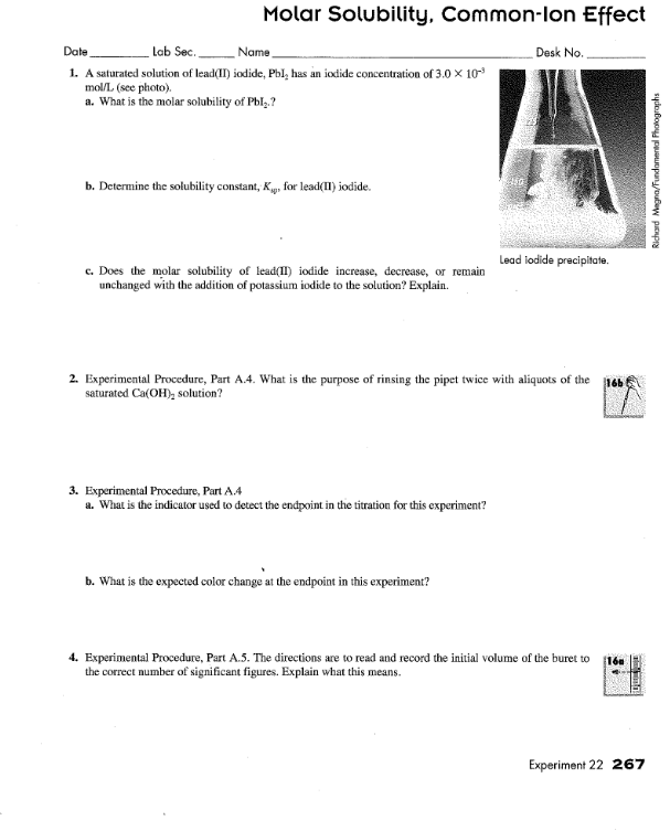 Solved Molar Solubility, Common-lon Effect Desk No. Date Lab | Chegg.com