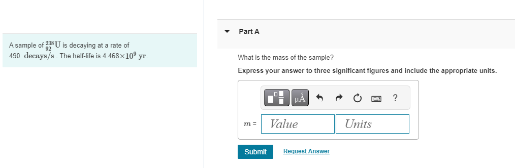 Solved A sample of ?92238U ﻿is decaying at a rate of490 | Chegg.com