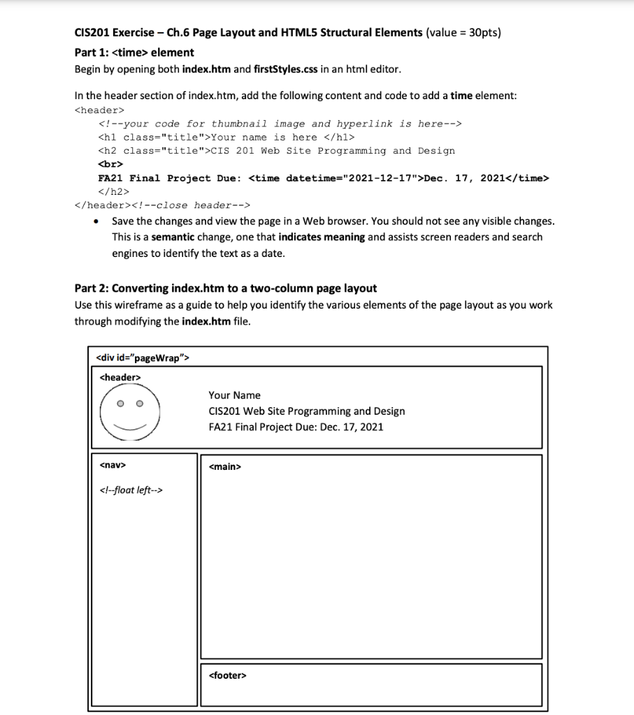 Solved CIS201 Exercise - Ch.6 Page Layout and HTML5 | Chegg.com