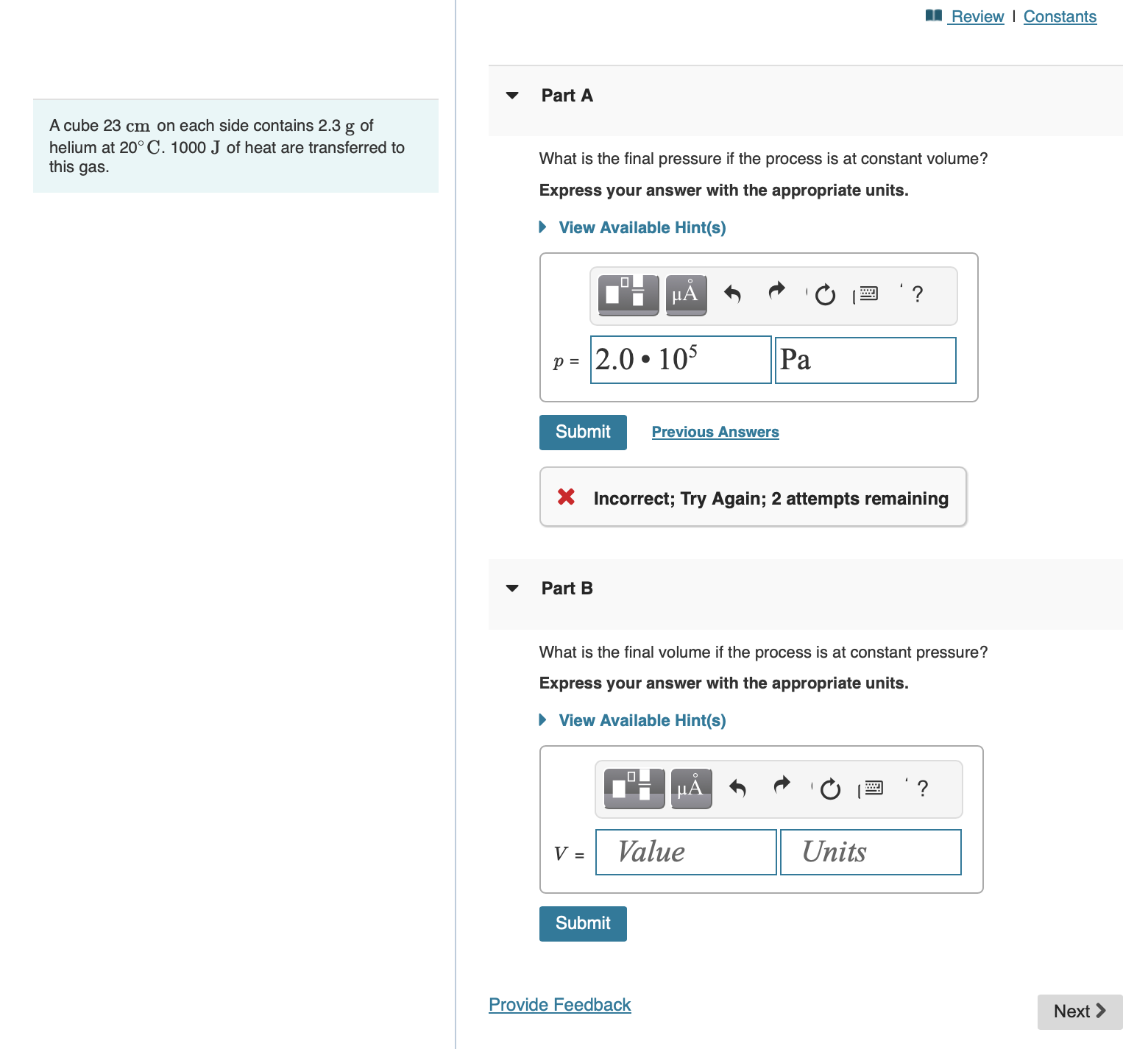 Solved A cube 23cm ﻿on each side contains 2.3g ﻿ofhelium at | Chegg.com