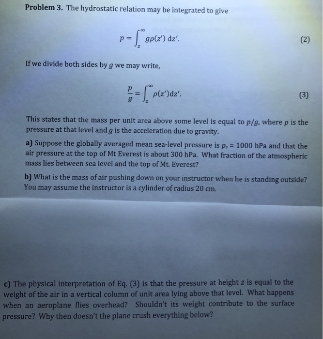 Solved Problem 3. The hydrostatic relation may be integrated | Chegg.com