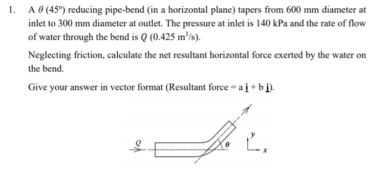 Solved 1. A 0 (45°) reducing pipe-bend (in a horizontal | Chegg.com