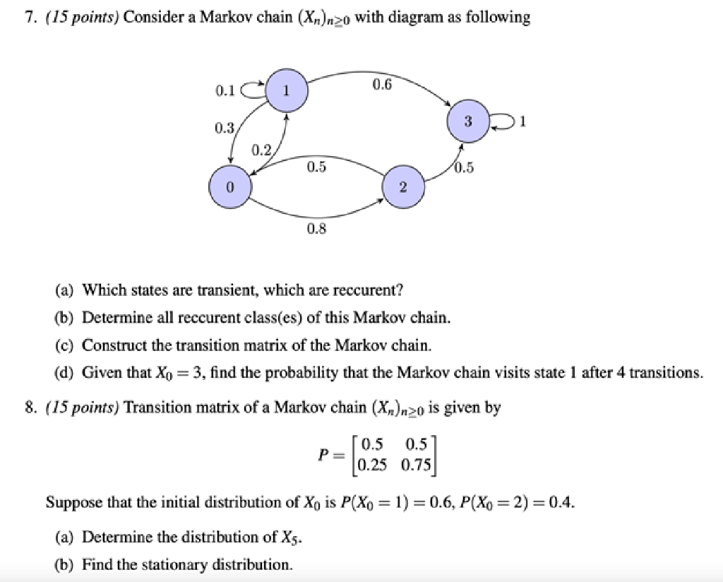 Solved 7. (15 points) Consider a Markov chain (X)no with | Chegg.com