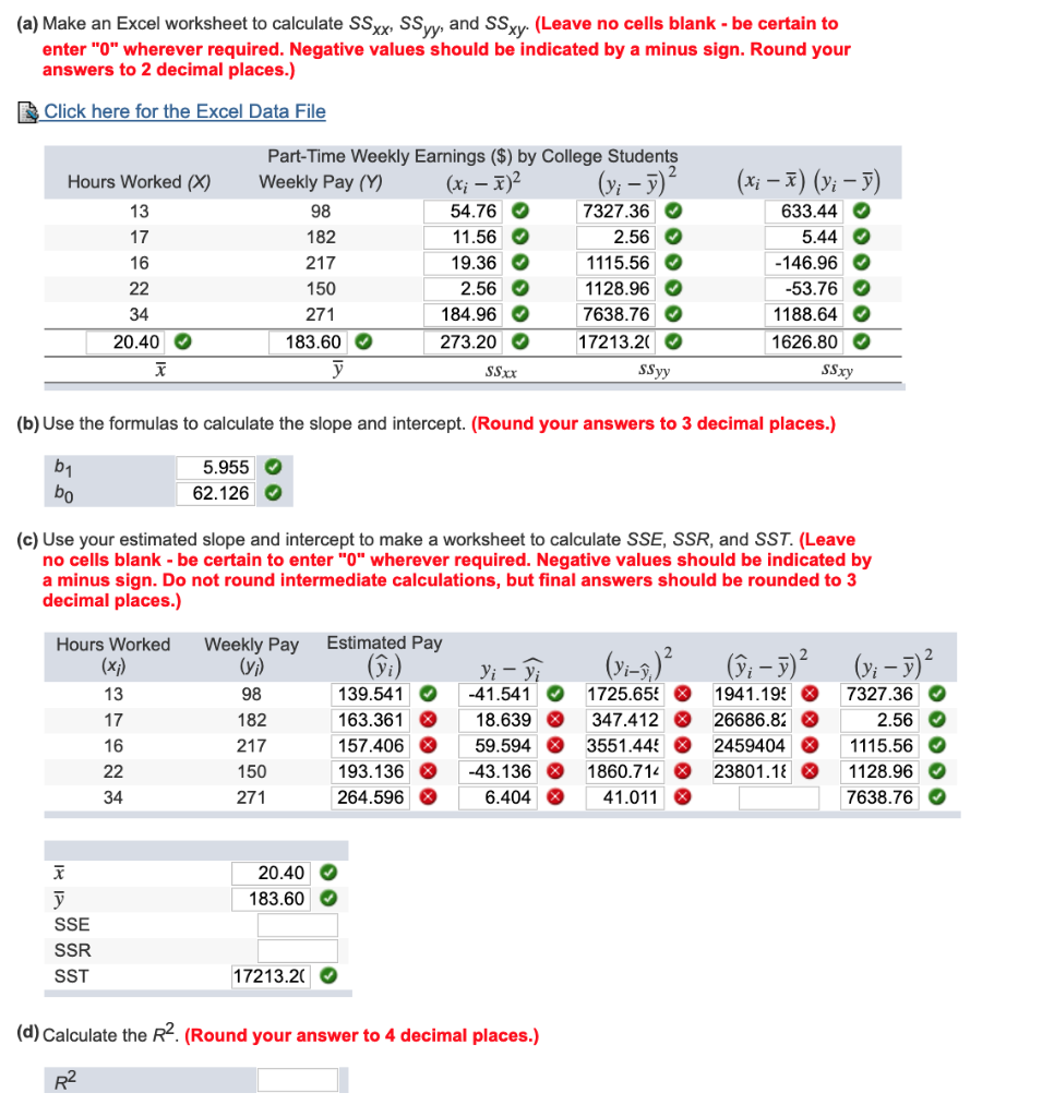 Solved (a) Make an Excel worksheet to calculate SSx SSw, and | Chegg.com