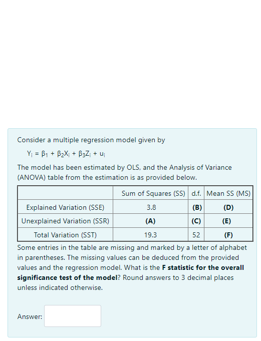 Solved Consider a multiple regression model given by Y; = B1 | Chegg.com