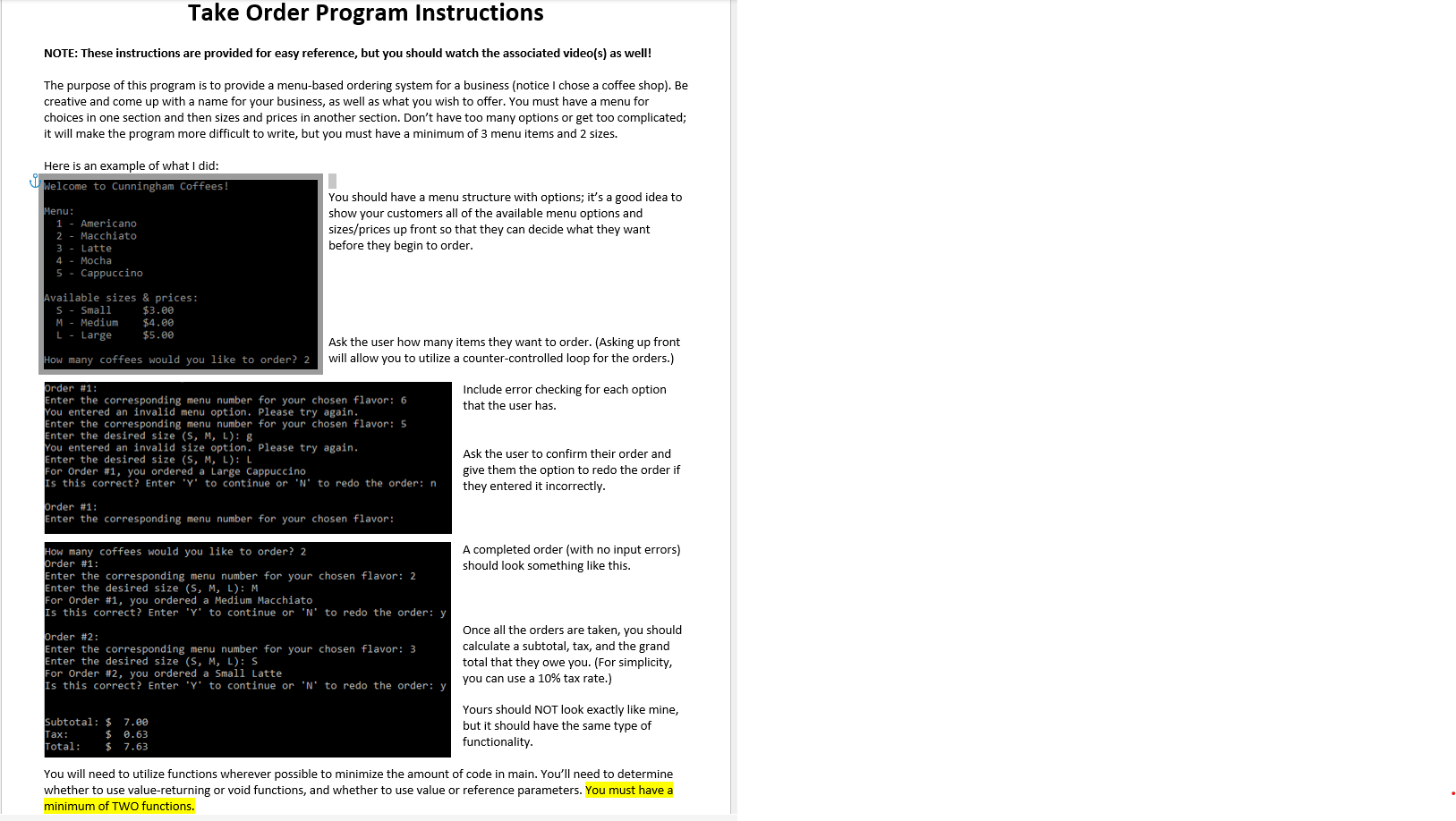 Solved Take Order Program Instructions NOTE: These | Chegg.com