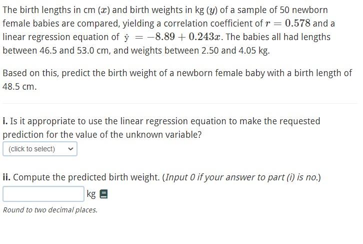 Solved The birth lengths in cm (x) and birth weights in kg | Chegg.com