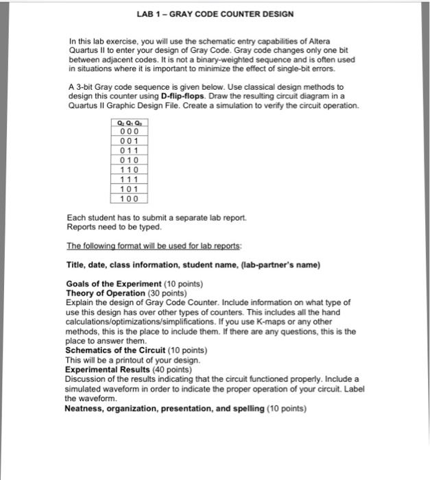 Solved LAB 1-GRAY CODE COUNTER DESIGN In this lab exercise, | Chegg.com