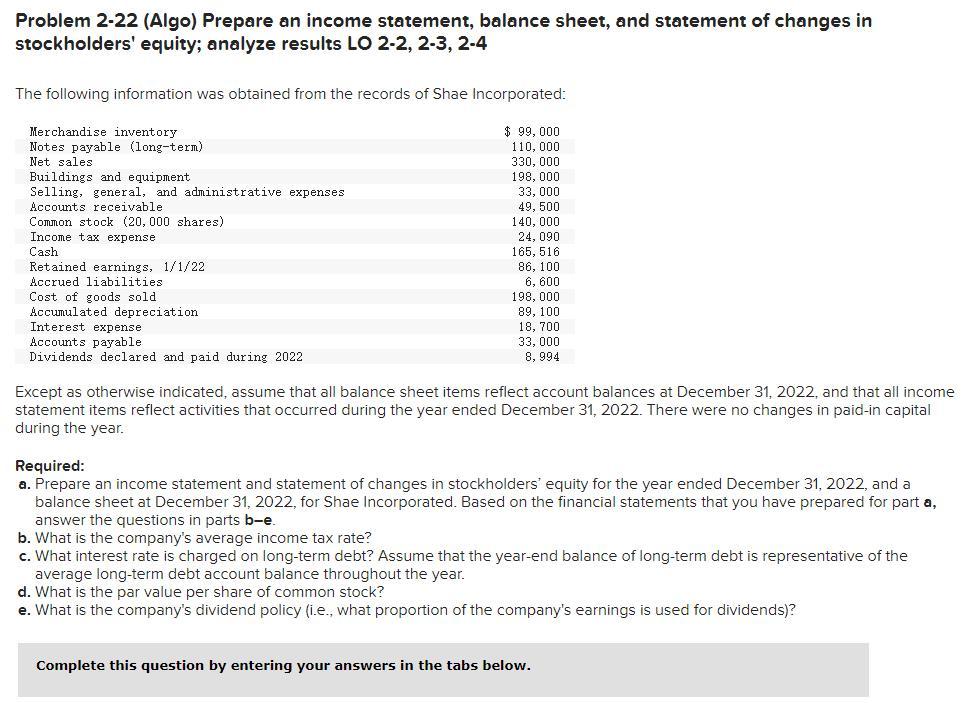 Solved Problem 2-22 (Algo) Prepare an income statement, | Chegg.com