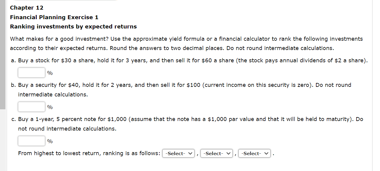 Solved Financial Planning Exercise 1 Ranking investments by | Chegg.com