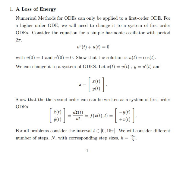 1. A Loss of Energy Numerical Methods for ODEs can | Chegg.com