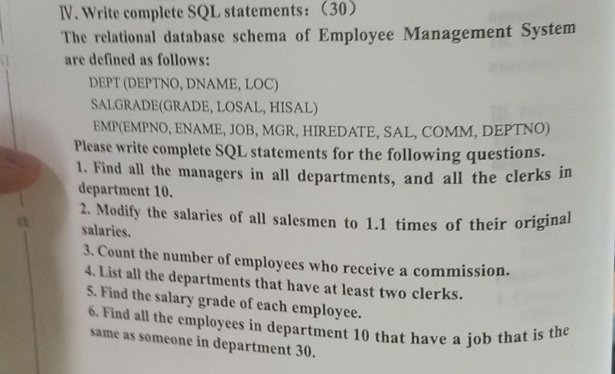 Solved IV. Write complete SQL statements: (30) The | Chegg.com
