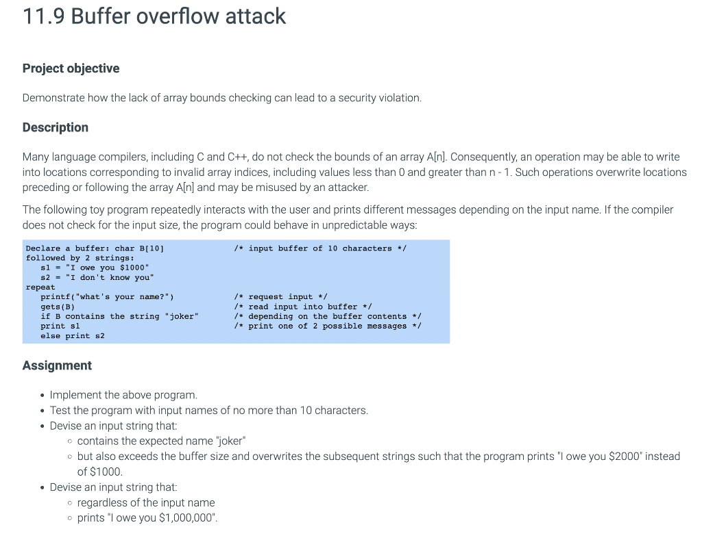 Solved 11.9 Buffer overflow attack Project objective | Chegg.com