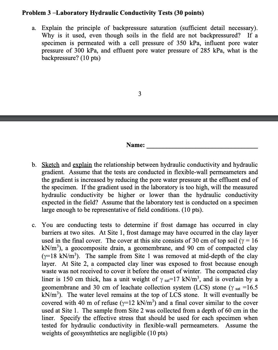 Solved Problem 3 -Laboratory Hydraulic Conductivity Tests | Chegg.com