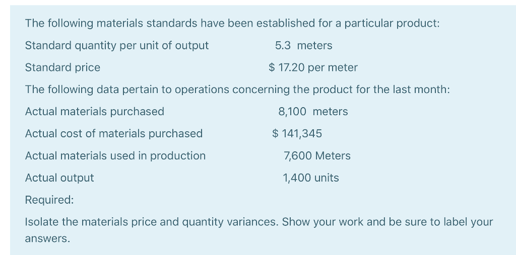 Solved The following materials standards have been | Chegg.com