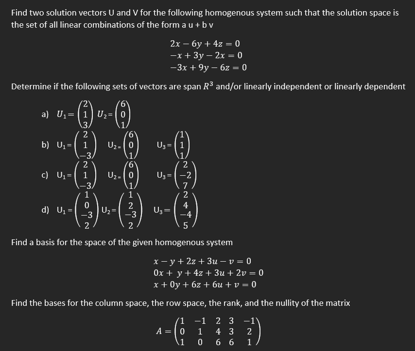 Solved Find two solution vectors U and V for the following | Chegg.com