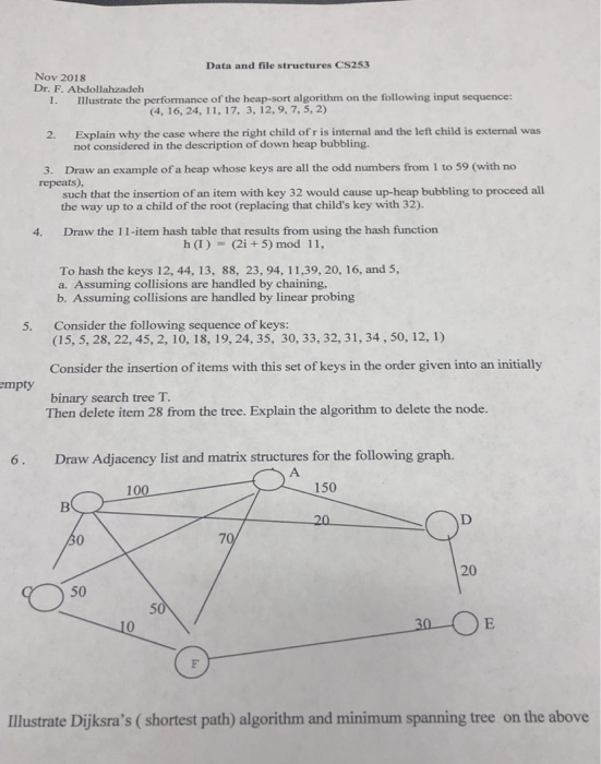 Solved Data and file structures Cs253 Nov 2018 Dr. F. | Chegg.com