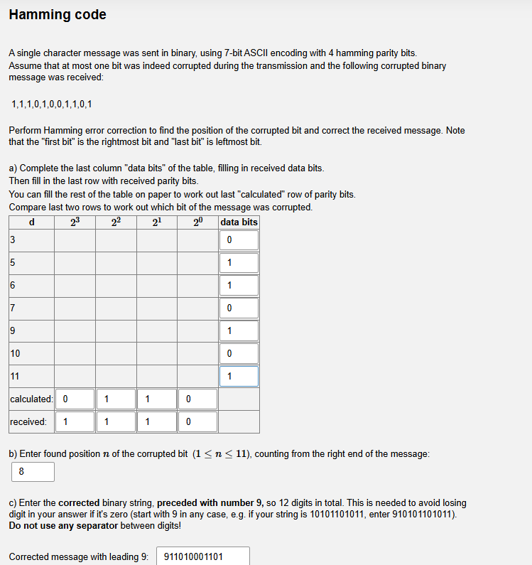 Solved Hamming codeA single character message was sent in | Chegg.com