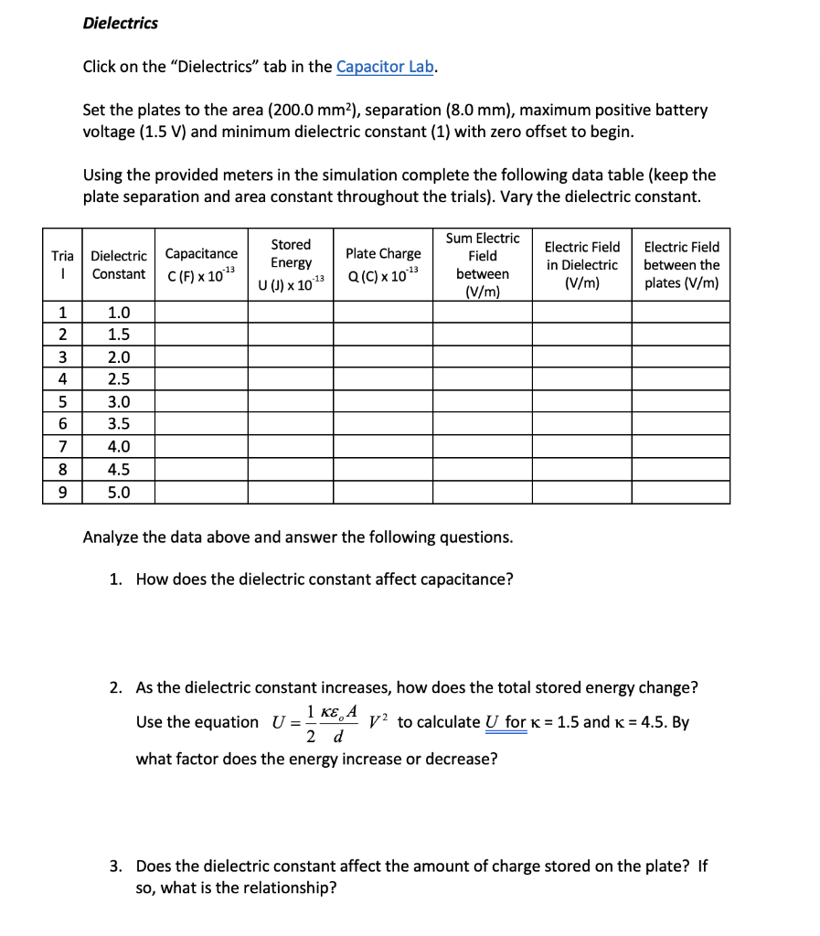 Solved Dielectrics Click on the "Dielectrics” tab in the | Chegg.com