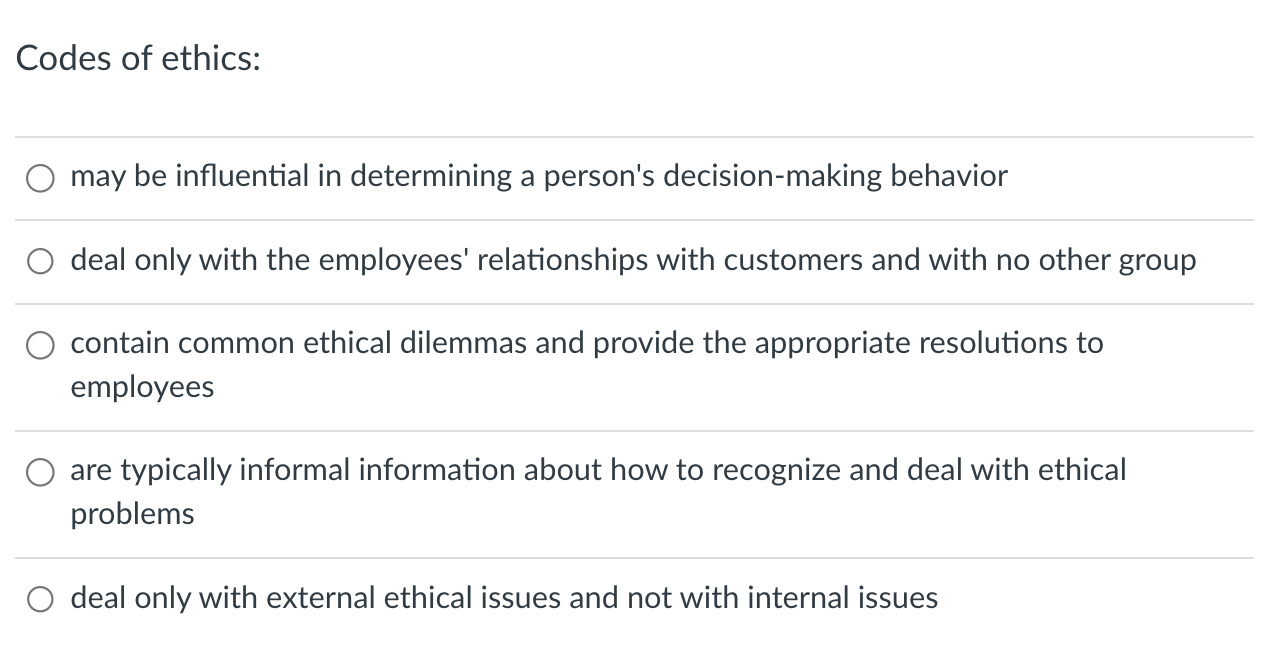 Solved Codes of ethics: may be influential in determining a | Chegg.com